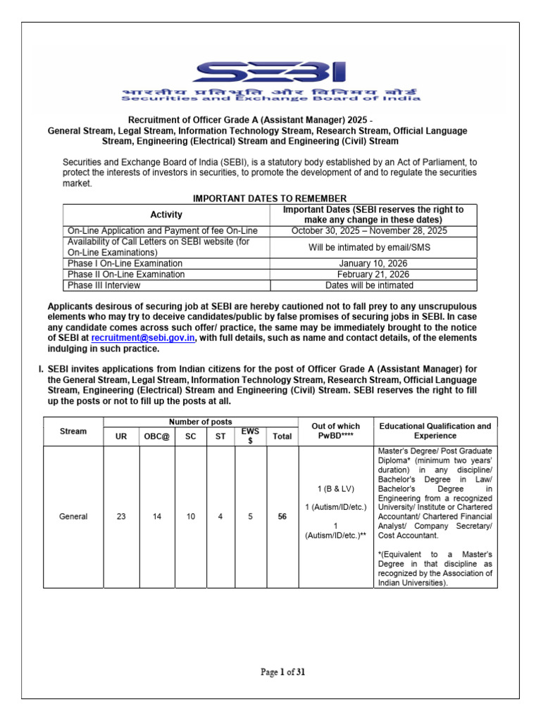 SEBI Officer Grade A Recruitment 2025 | PDF | Academic Degree | Statistics