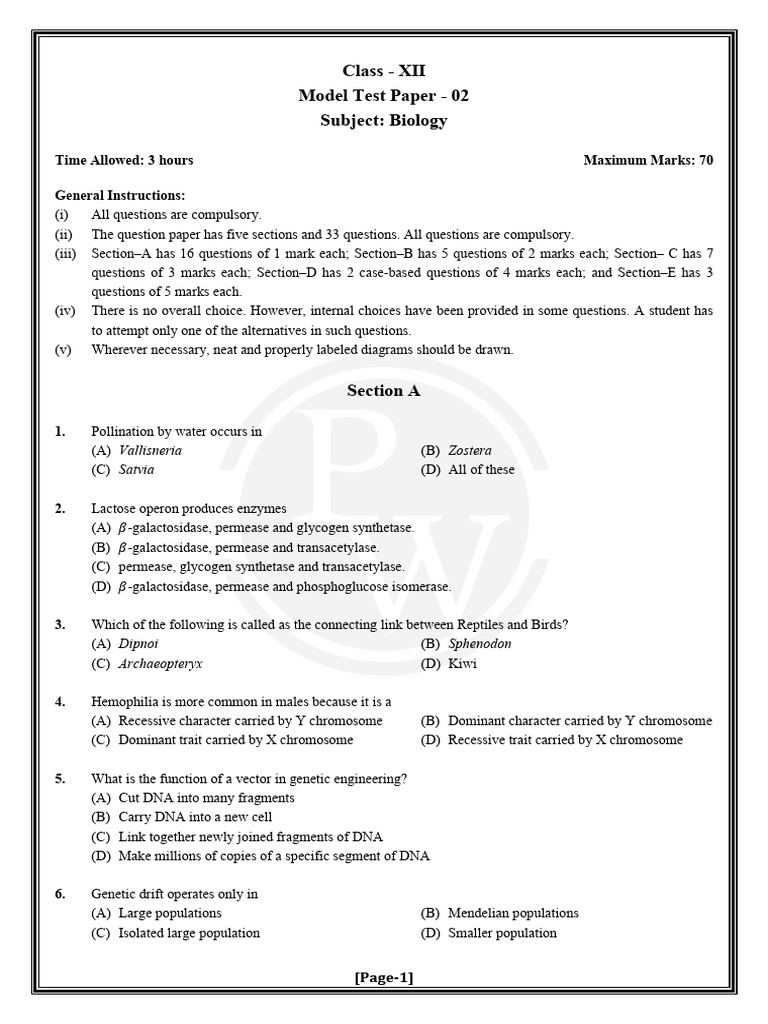 Biology Model Test Paper Class XII | PDF | Zygosity | Dna