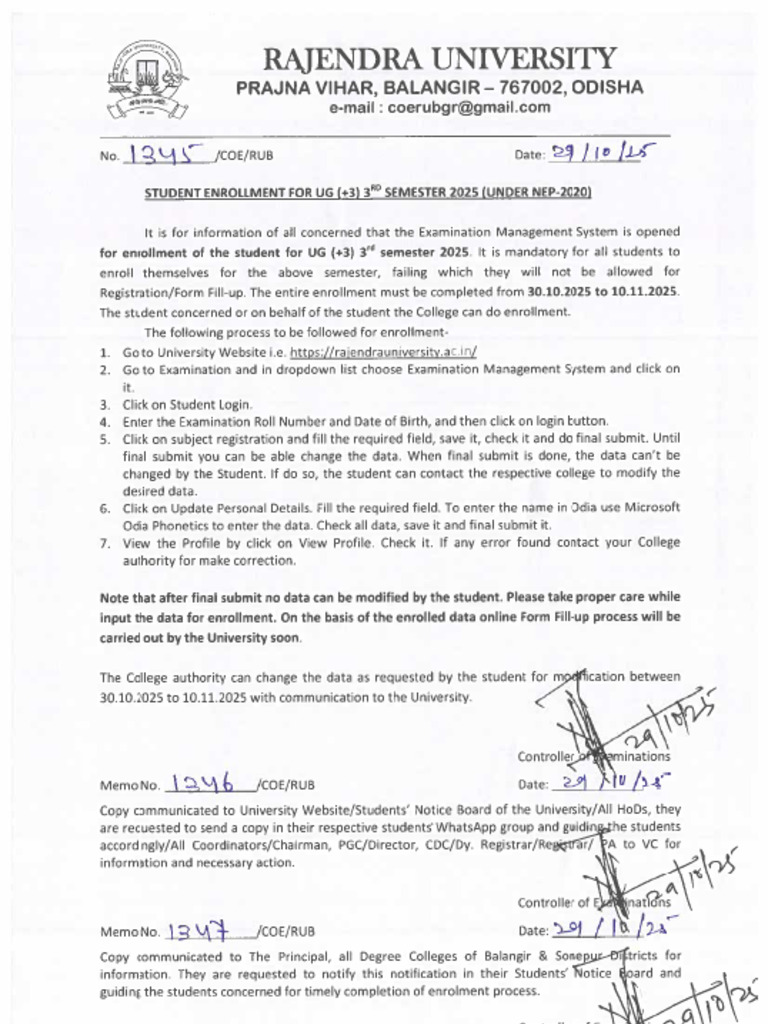 Student Enrollment For UG 3rd Semester 2025 (Under NEP 2020) | PDF
