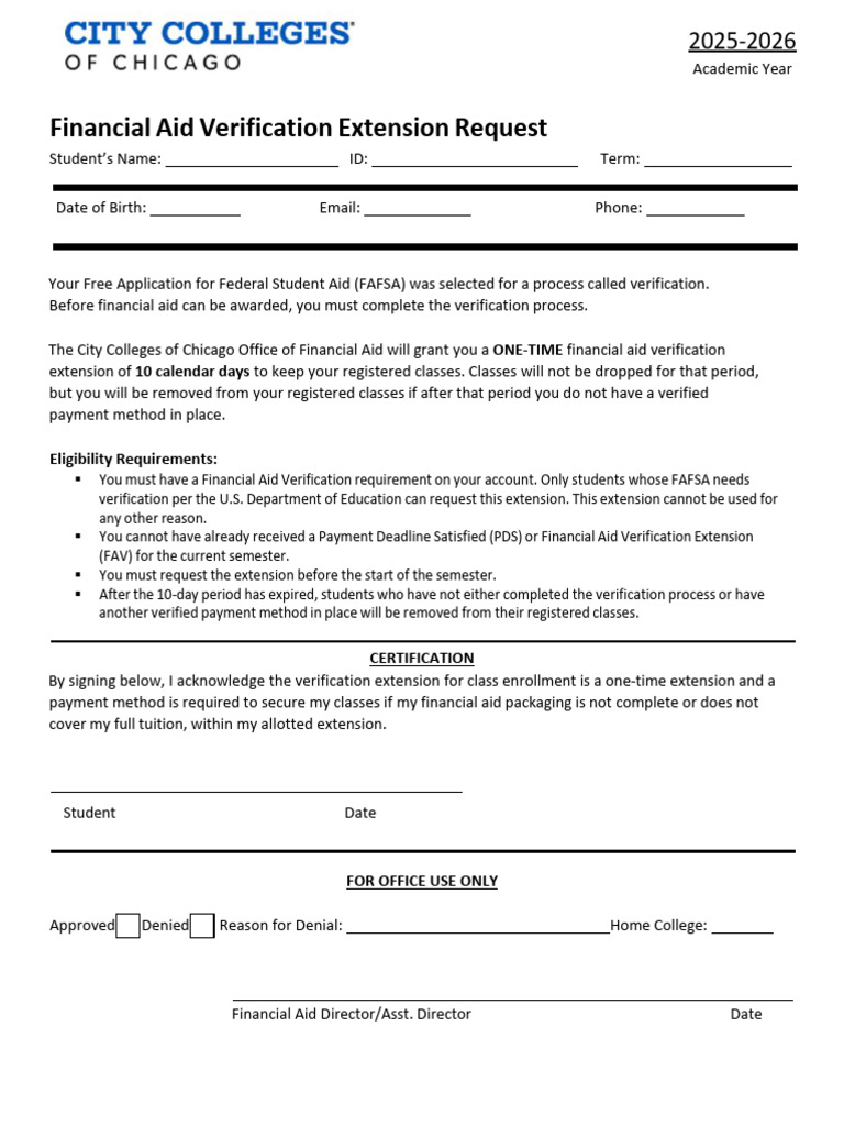 Financial Aid Verification Extention Request 2026 | PDF