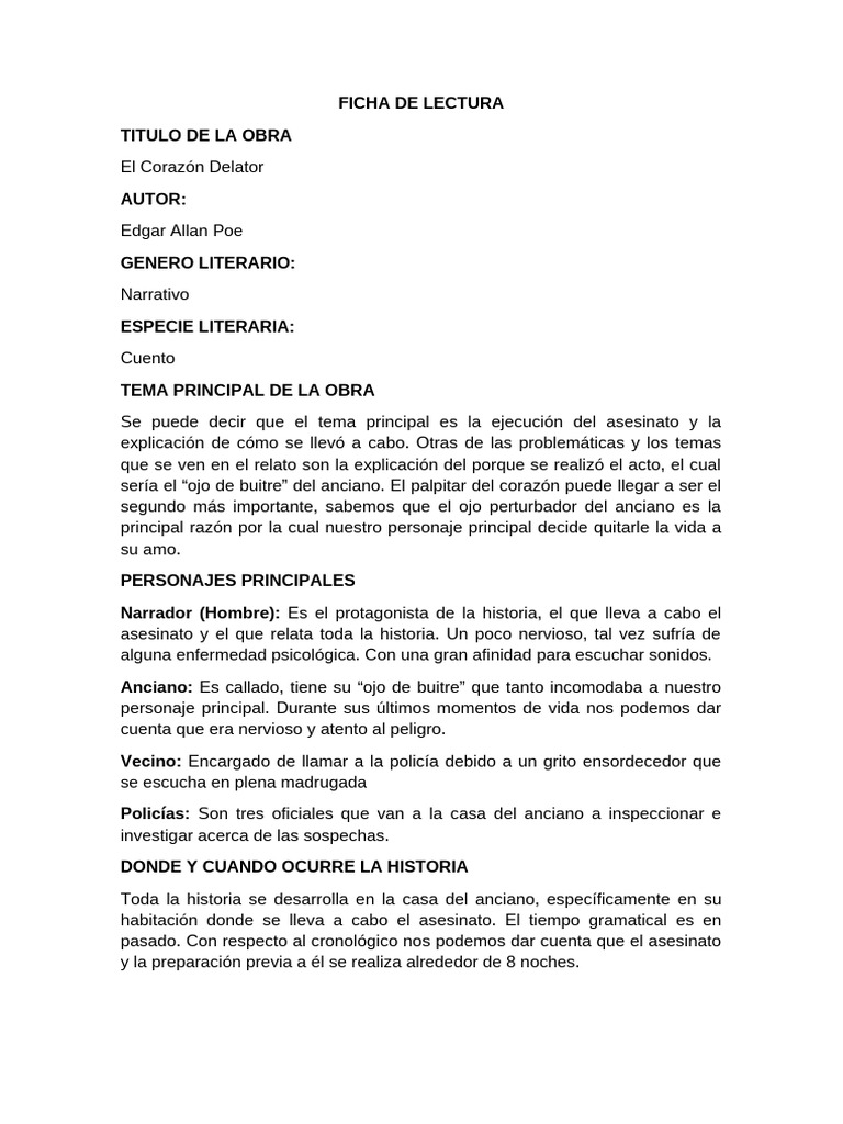 Ficha de Lectura El Corazon Delator | PDF