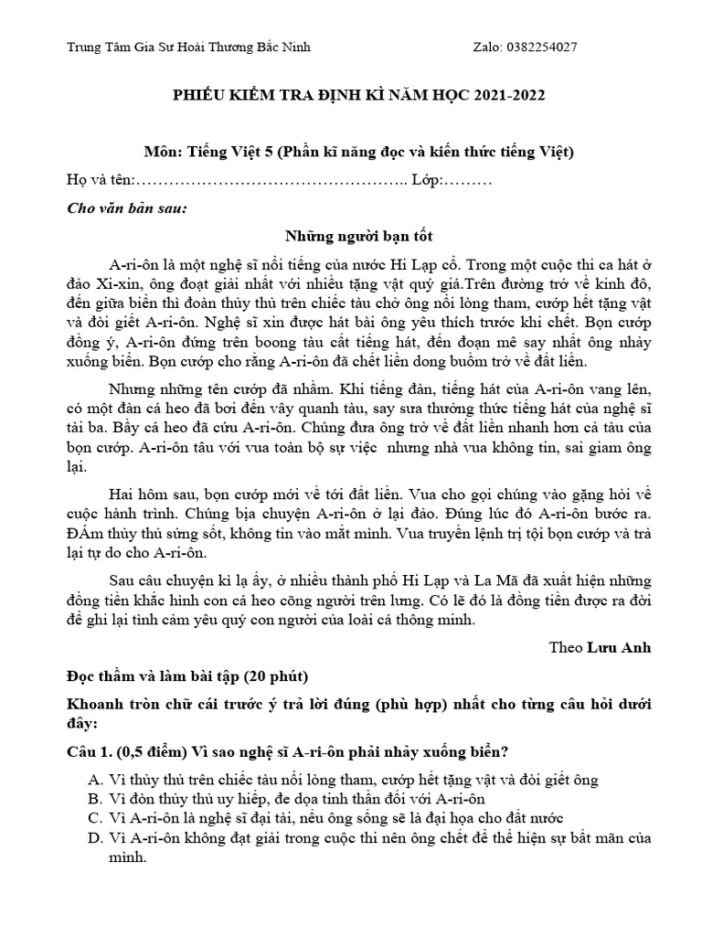 Đề Thi Tv Giữa Hki Lớp 5 Năm 2021-2022 | PDF