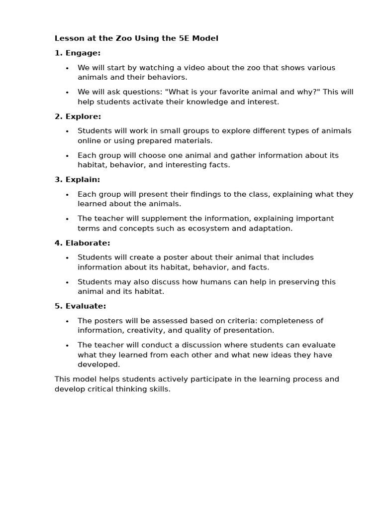 Zoo Lesson Plan Using 5E Model | PDF