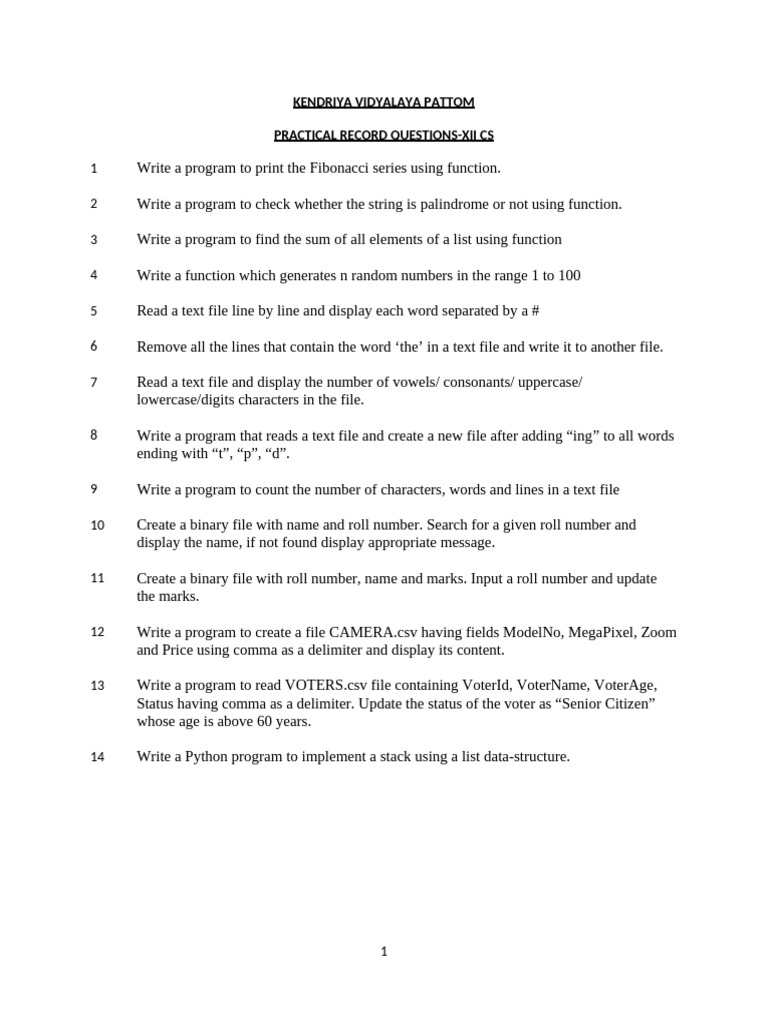 Practical Record Questions Xii CS | PDF | Data Management | Data ...