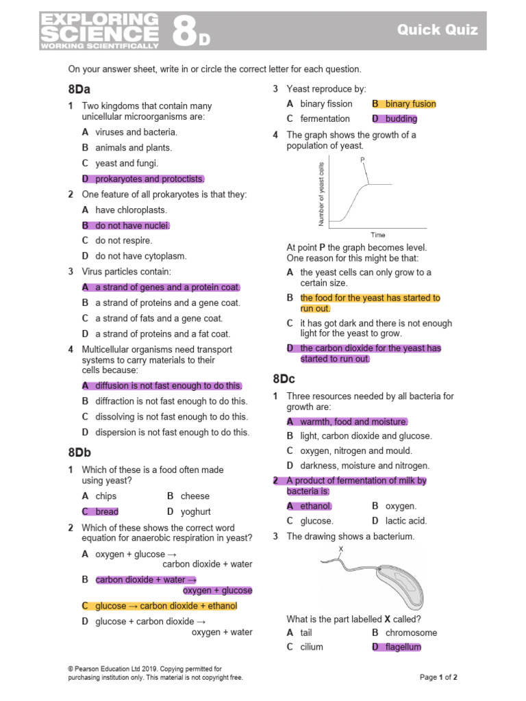 8D Quick Quiz | PDF | Yeast | Cellular Respiration