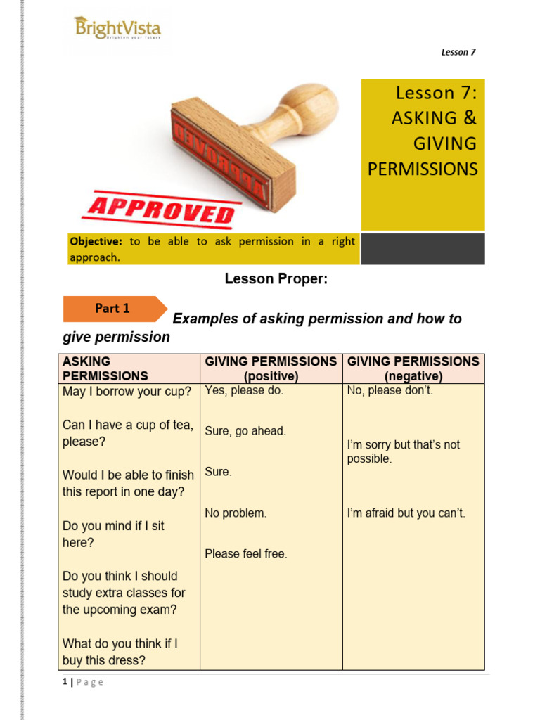 B Lesson 7 Asking - Giving Permission | PDF