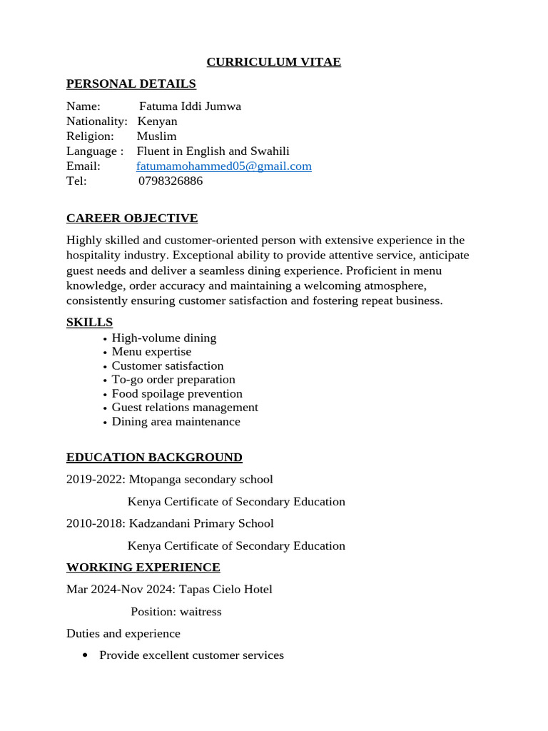 Curriculum Vitae Waitress Fatuma | PDF