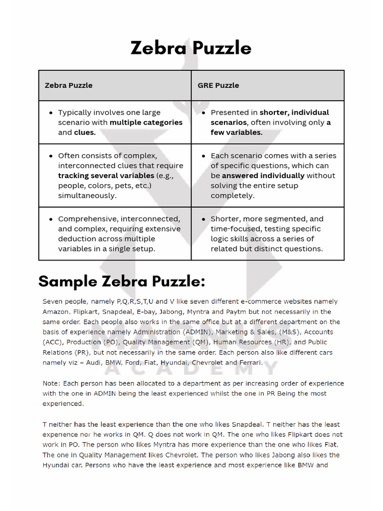 Understanding Zebra Puzzles for GRE | PDF