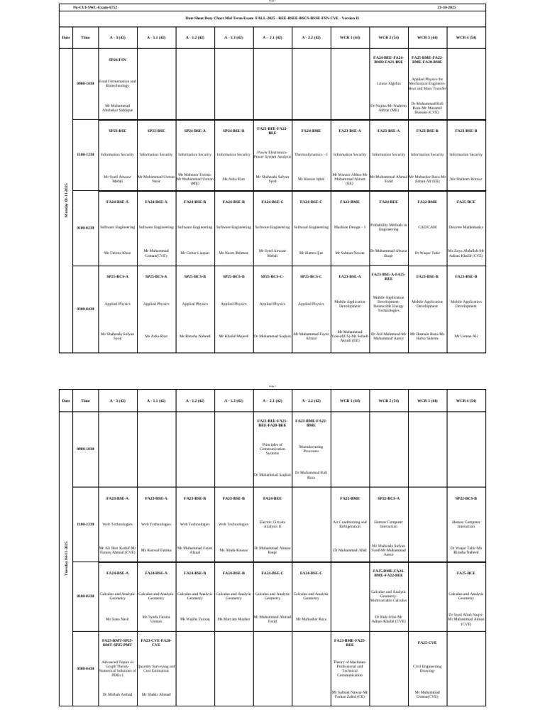 Date_Sheet_Mid_Term_Exam_FALL_2025 - Version II - 23-10-25 | PDF