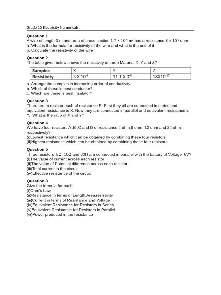 Grade 10 Electricity Numericals Pdf