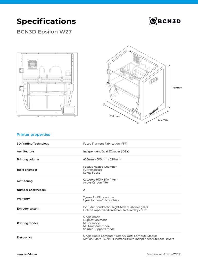 BCN3D Epsilon W27 Specifications | PDF | Computing
