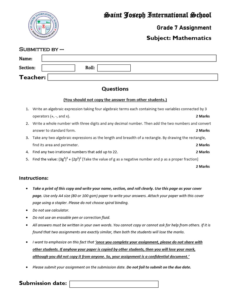 Grade 7 Math Assignment Guidelines | PDF | Numbers | Mathematics