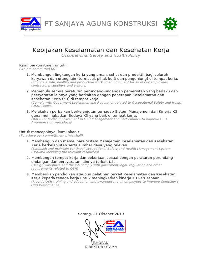 Kebijakan Keselamatan Dan Kesehatan Kerja (K3) | PDF