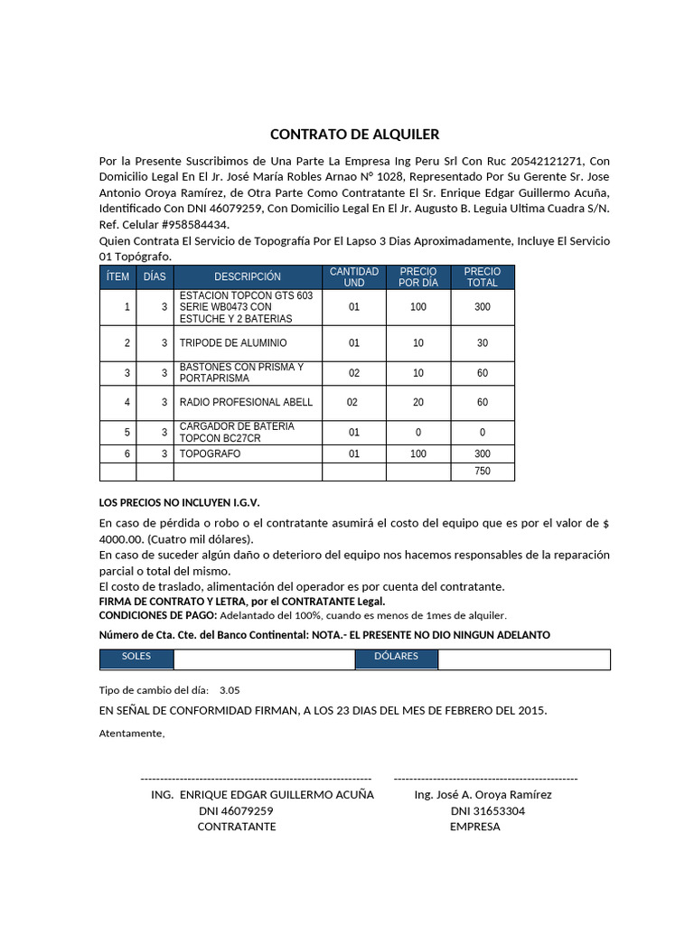 Contrato Alq Equ. Topog. | PDF | Bancario | Tecnología geográfica