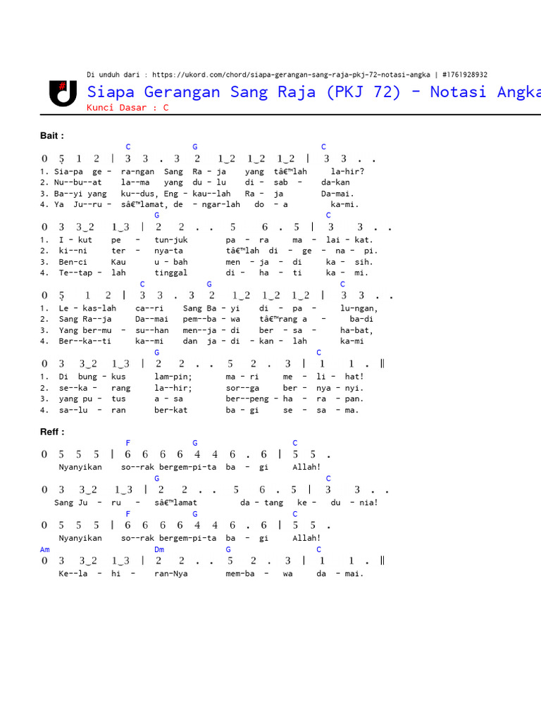 Siapa Gerangan Sang Raja PKJ 72 - Notasi Angka Key-C Ukord | PDF