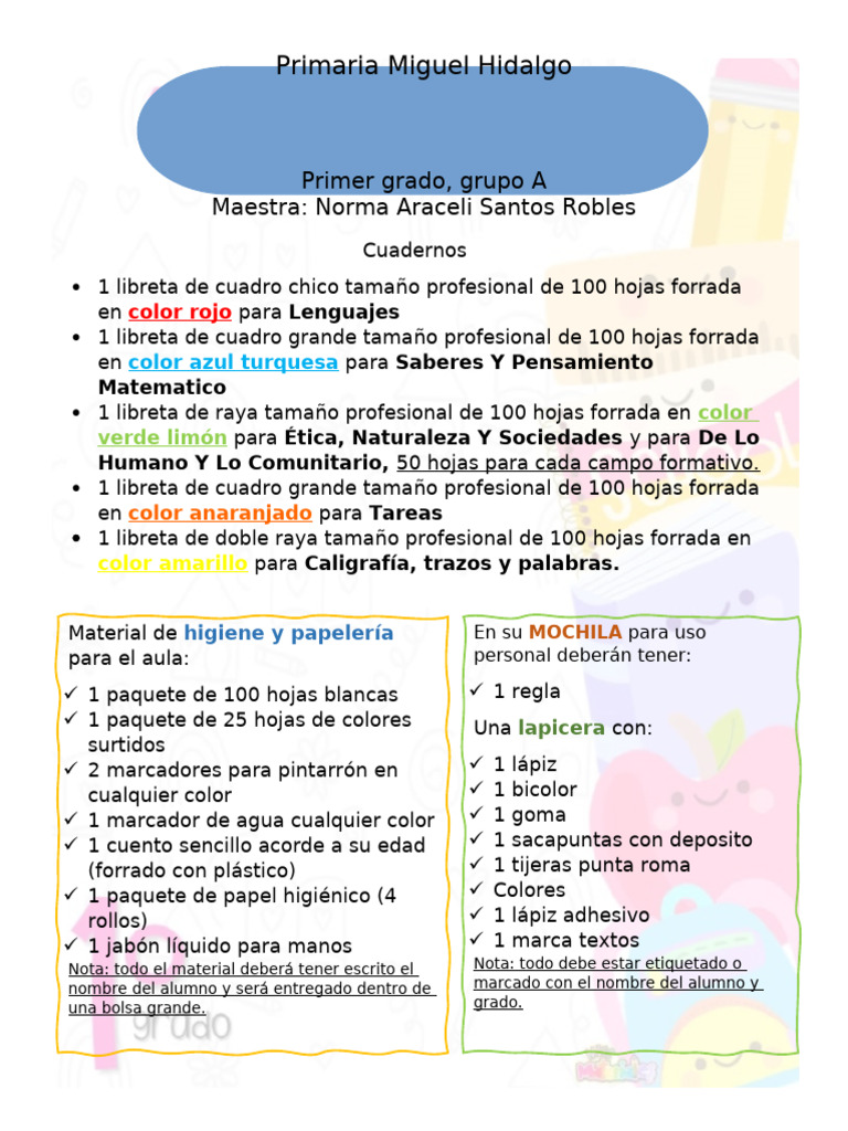 Lista Utiles Primer Grado | PDF | Color