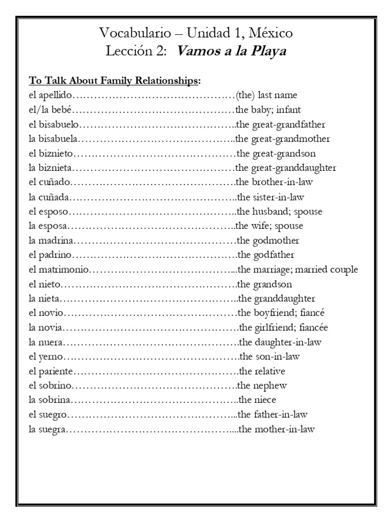 Vocabulario Familiar y Playa en México | PDF | Social Institutions ...