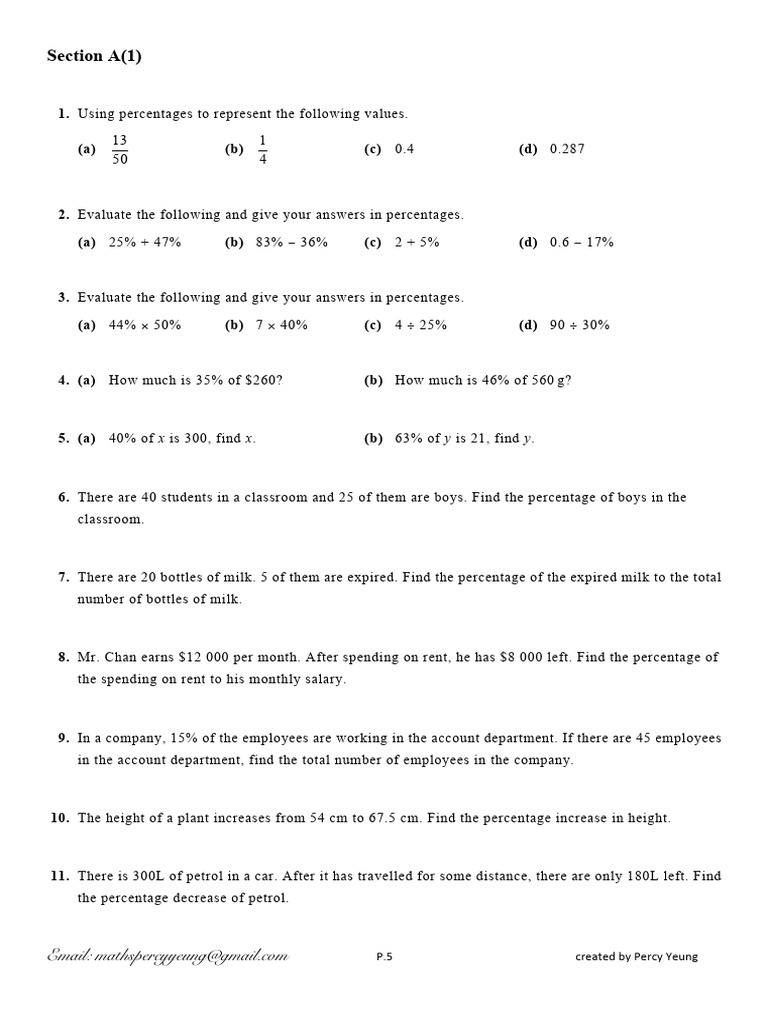 s1 Ch5 Basic Concepts of Percentages Q PDF | PDF