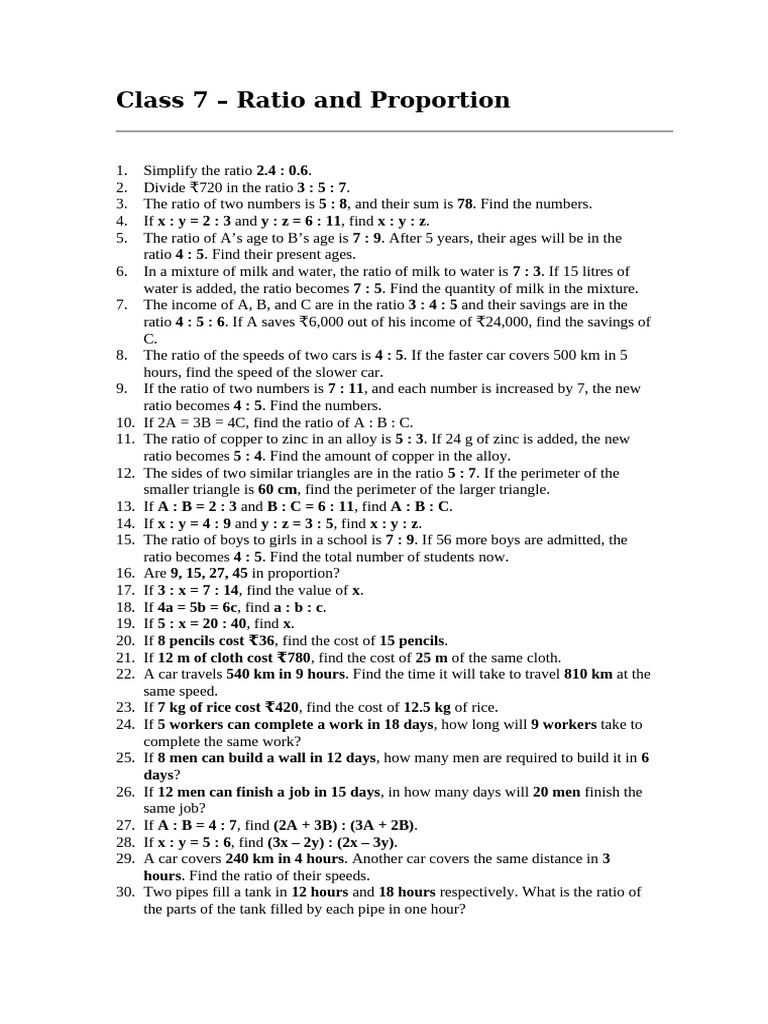 Class 7 Ratio and Proportion Exercises | PDF | Ratio | Chess