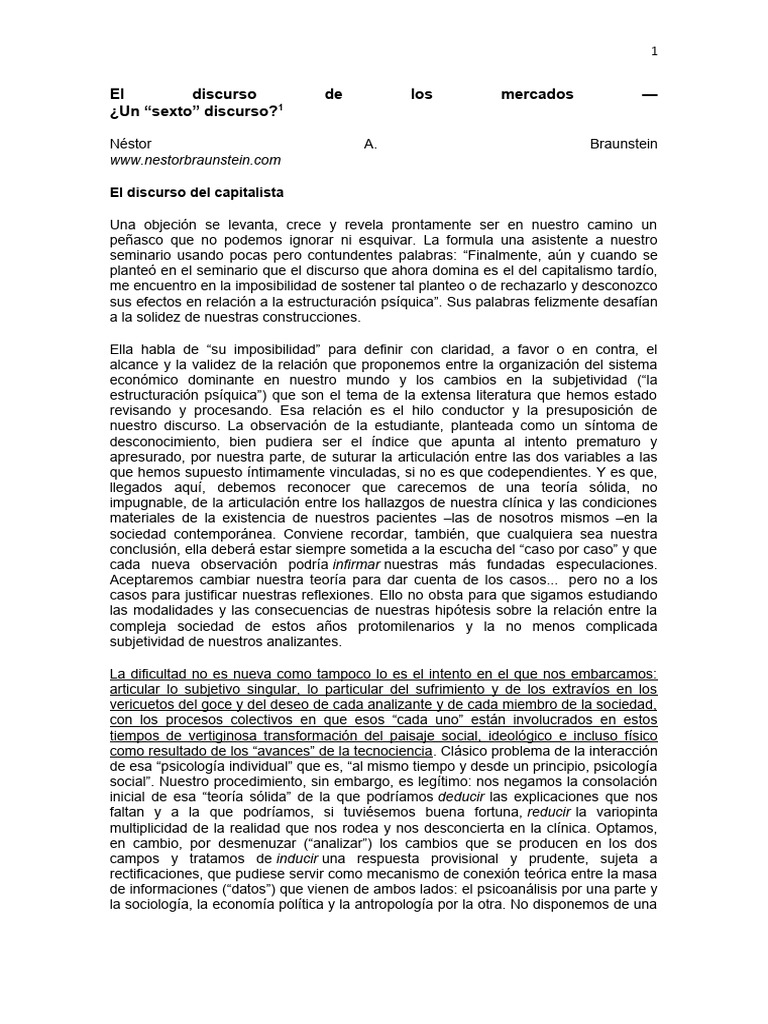 el-discurso-de-los-mercados-nestor-braunstein_compress | PDF | Jacques Lacan | Teoría