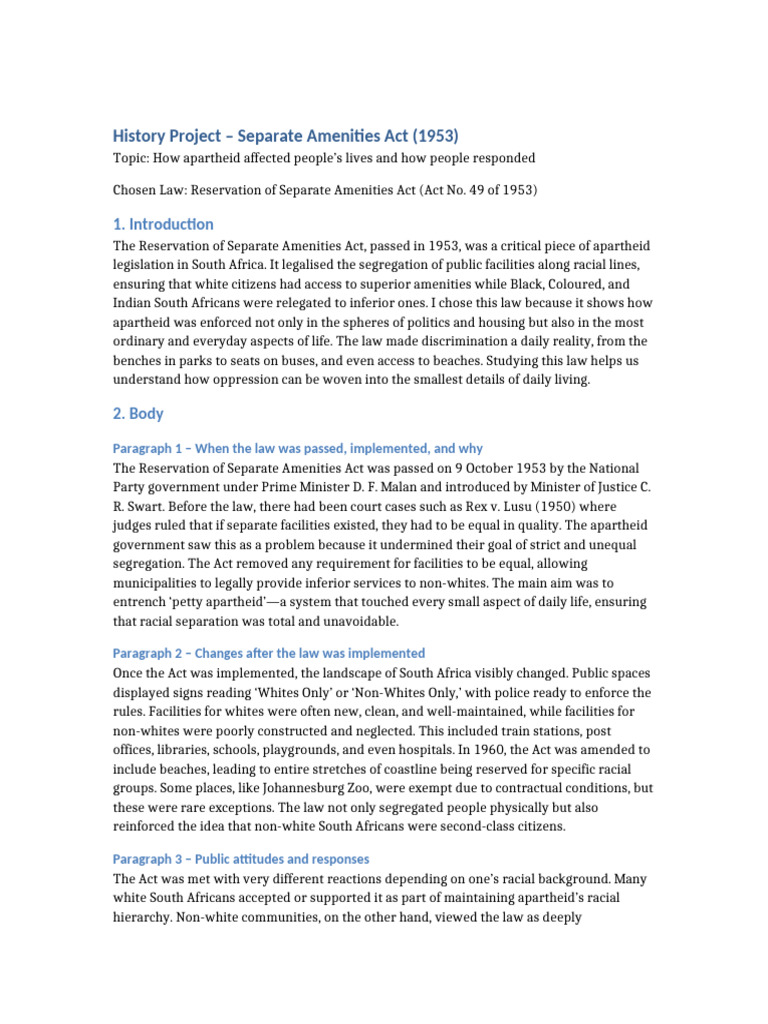 Impact of the Separate Amenities Act | PDF | Apartheid | Racial Segregation