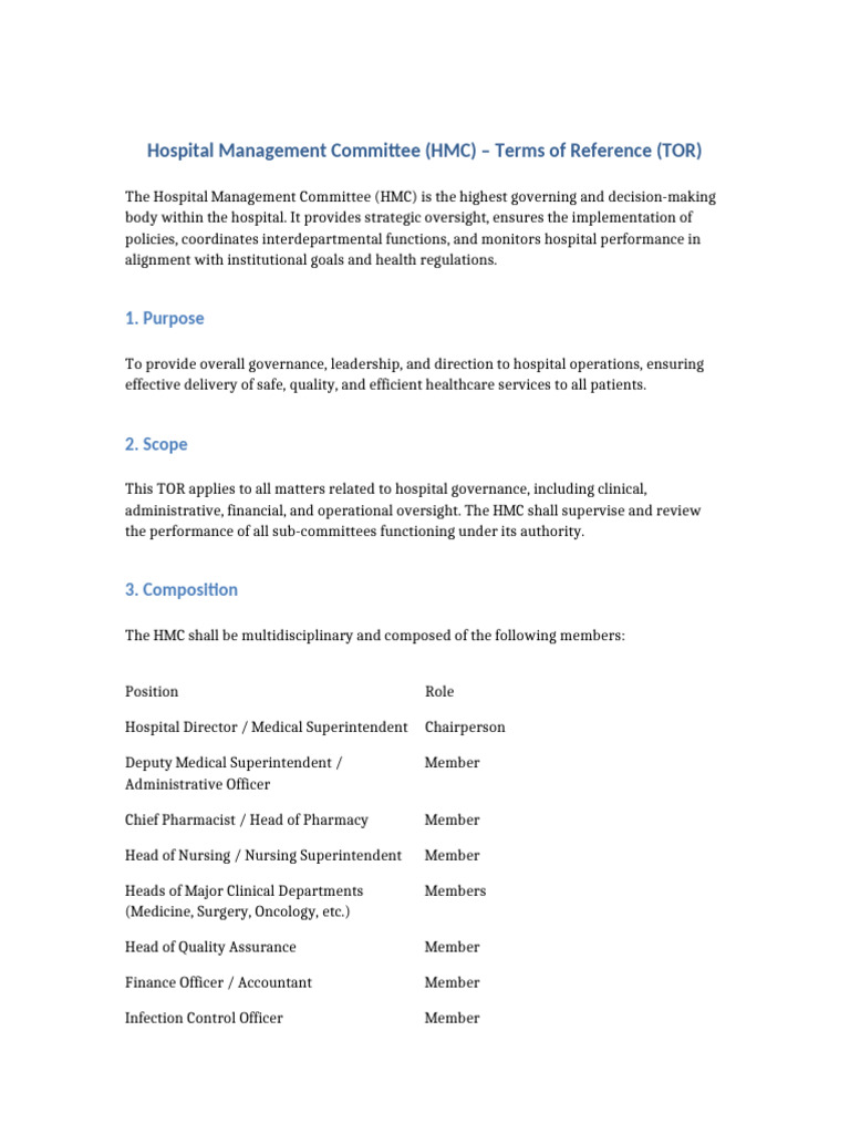 Hospital Management Committee TOR | PDF | Hospital | Pharmacy
