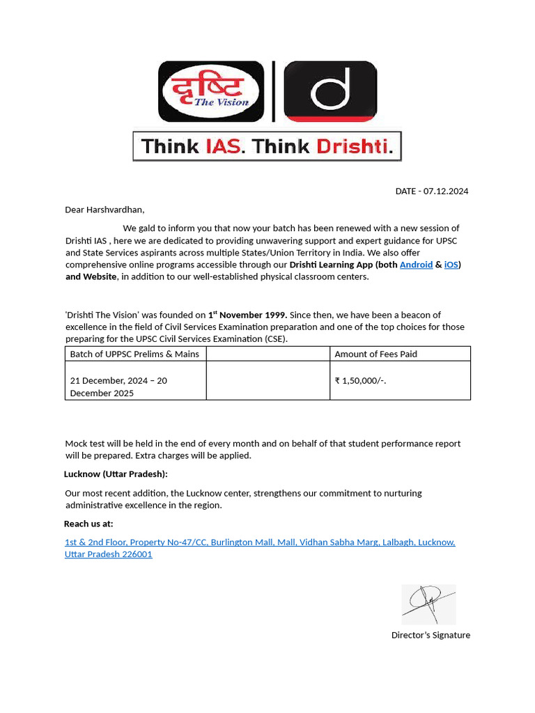 Drishti IAS Batch Renewal Notification | PDF