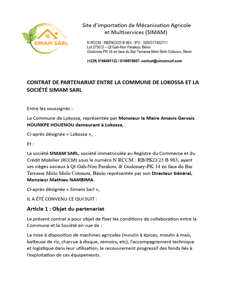 Partenariat Lokossa et SIMAM SARL | PDF