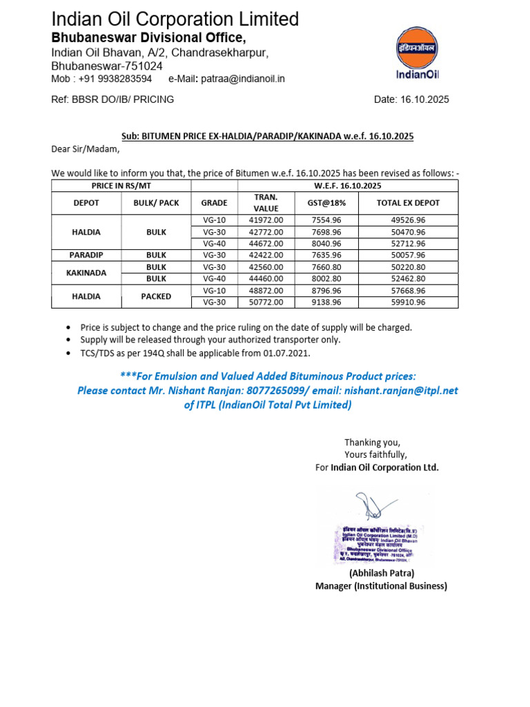 Bitumen Price List W.E.F. 16.10.2025 | PDF | Petroleum Industry ...
