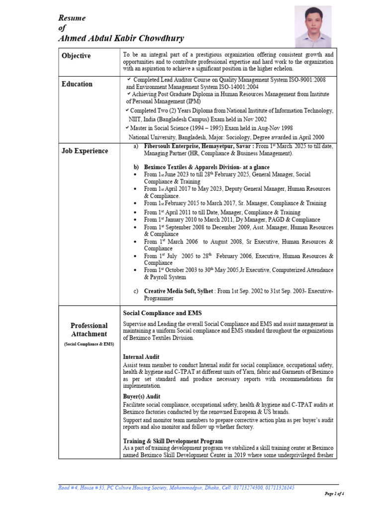 Resume - AA Kabir Chowdhury | PDF | Occupational Safety And Health ...