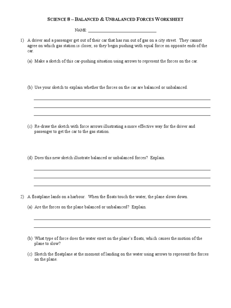 Balanced and Unbalanced Forces Worksheet | PDF