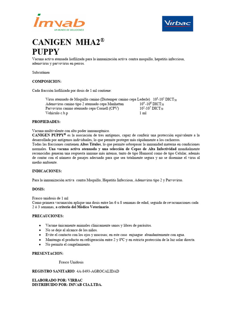 Vacuna Canigen Mha2 Puppy | PDF