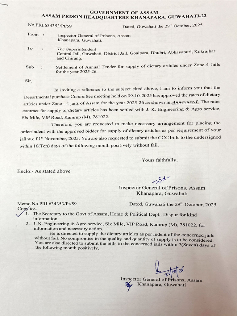 Settlement of Annual Tender for the Year 2025-26 Under Zone 4 Jails of Assam | PDF