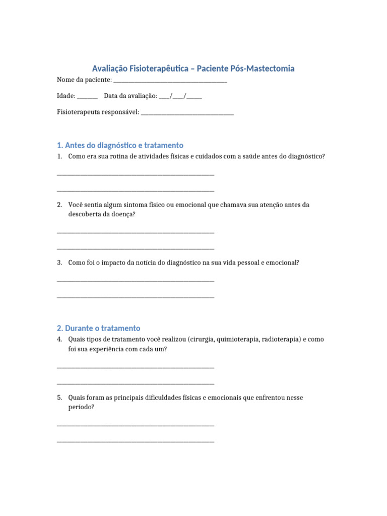 Avaliação Fisioterapêutica Pós-Mastectomia | PDF | Fisioterapia ...