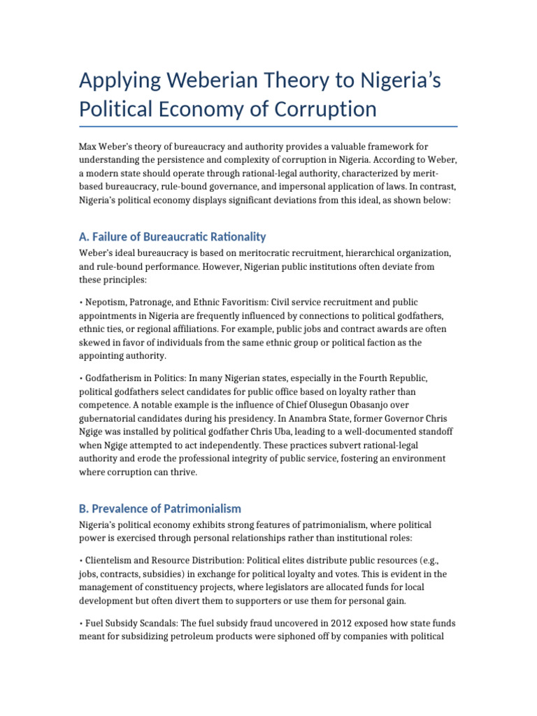 Weberian Theory and Nigeria's Corruption | PDF | Bureaucracy | Max Weber