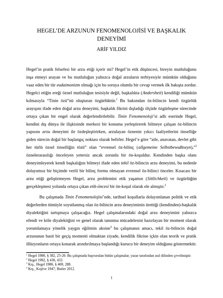 Hegel'de Arzunun Fenomenolojisi Ve Başkalık Deneyimi | PDF