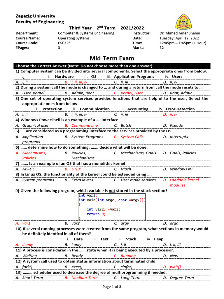 CSE325 Mid-Term Spring 2022 With Key | PDF | Scheduling (Computing ...