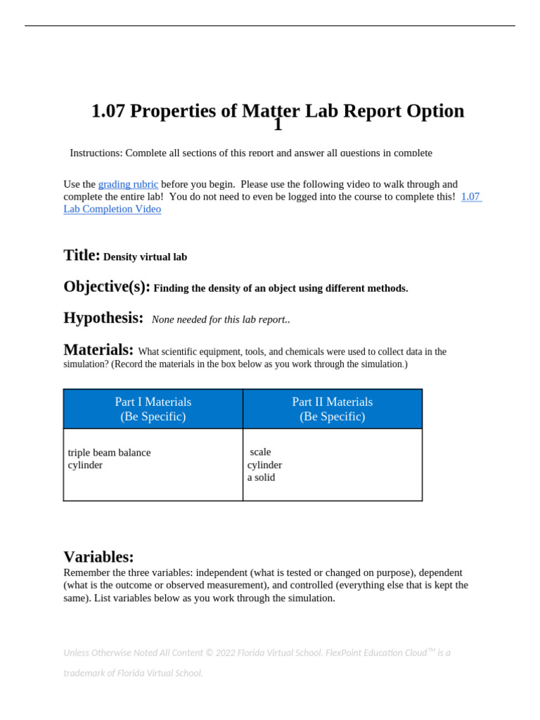 Copy of 1.07 Properties of Matter Option 1.Docx (1) | PDF | Density | Liquids