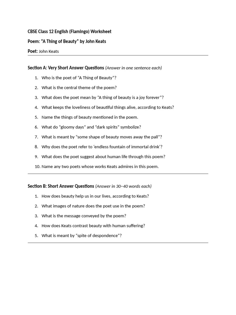 A Thing of Beauty Worksheet | PDF | John Keats | Beauty