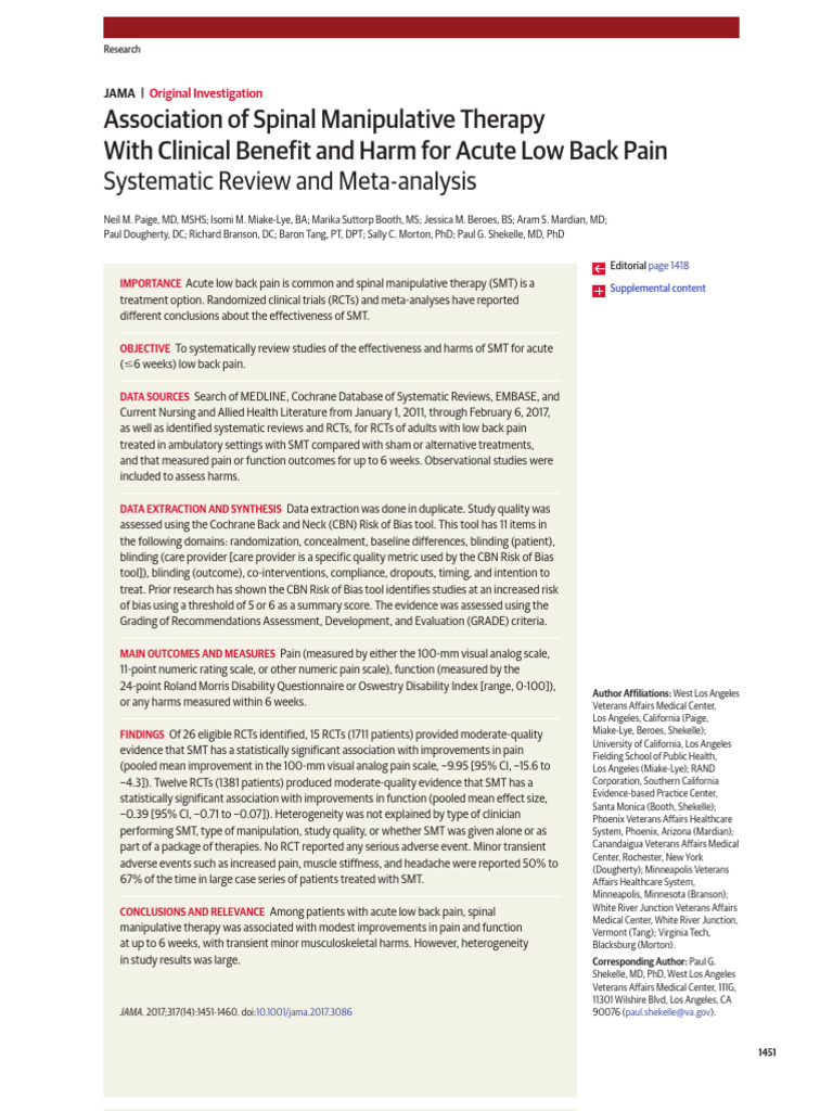 Association of Spinal Manipulative Therapy With Clinical Benefit and ...