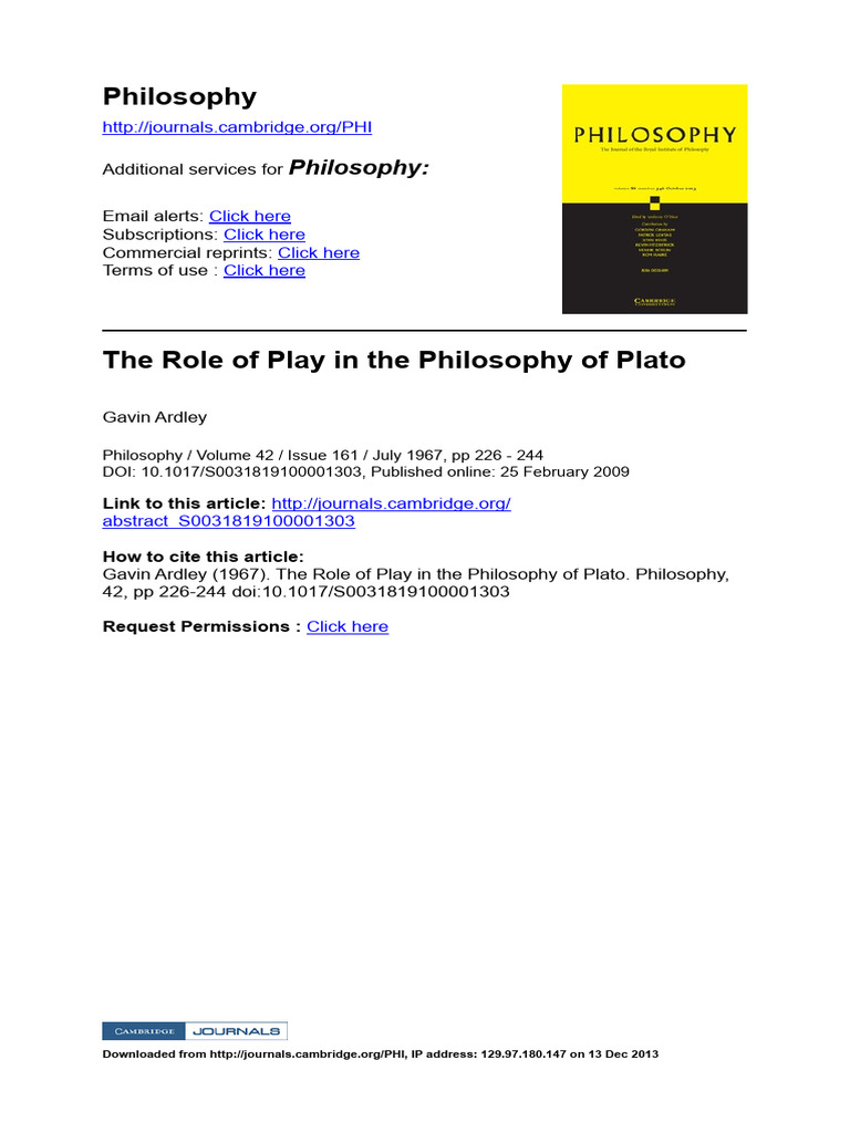 ARDLEY. The Role of Play in The Philosophy of Plato | PDF | Virtue