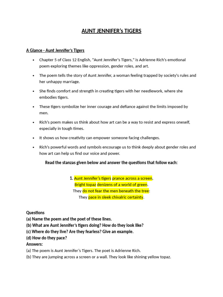 Analyzing Aunt Jennifer's Tigers | PDF