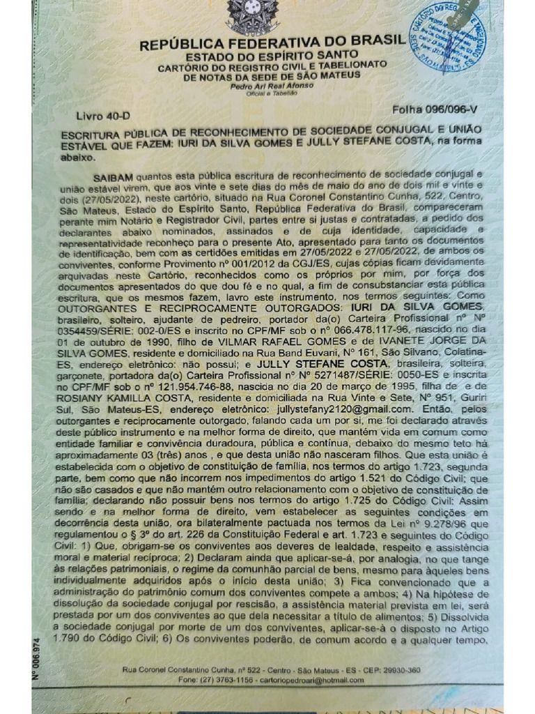Escritura de União Estavel - Iuri Gomes Da Silva | PDF