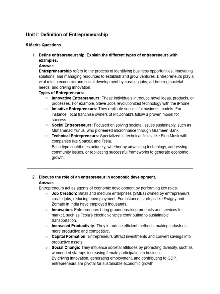 Entrepreneurship Question Bank Answers | PDF | Entrepreneurship ...
