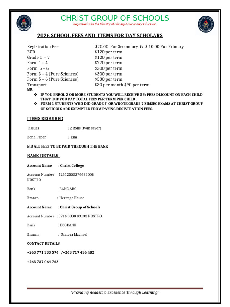 2026 School Fees for Christ Group Schools | PDF