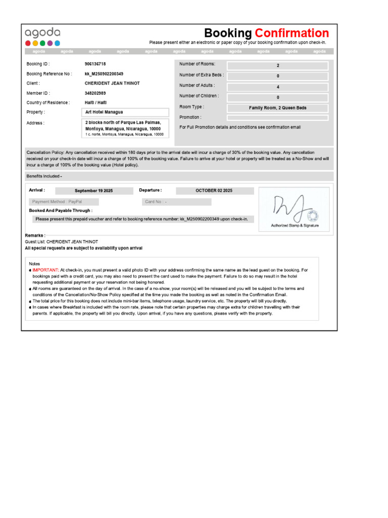 Booking Confirmation for Art Hotel Managua | PDF