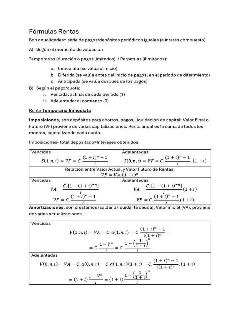 Fórmulas de Rentas y Amortizaciones | PDF | Contabilidad financiera ...
