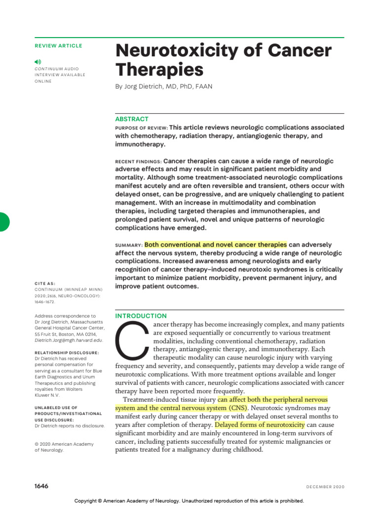 Neurotoxicity of Cancer Therapies | PDF | Chemotherapy | Peripheral ...