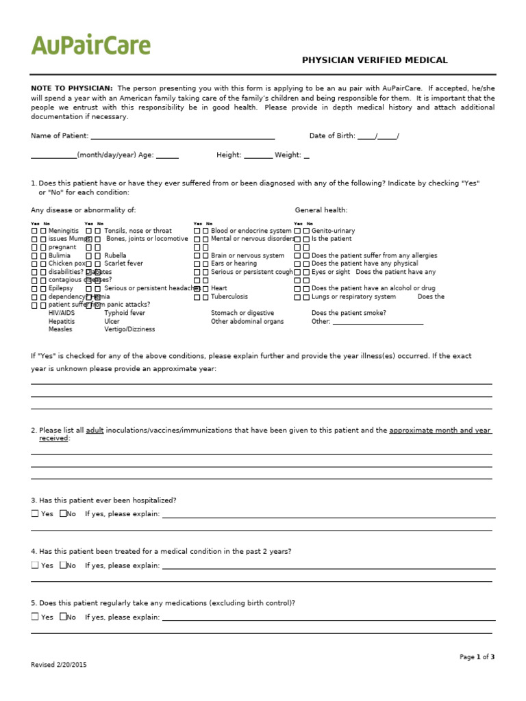Physician Verified Medical History Form | PDF | Mental Disorder | Human ...