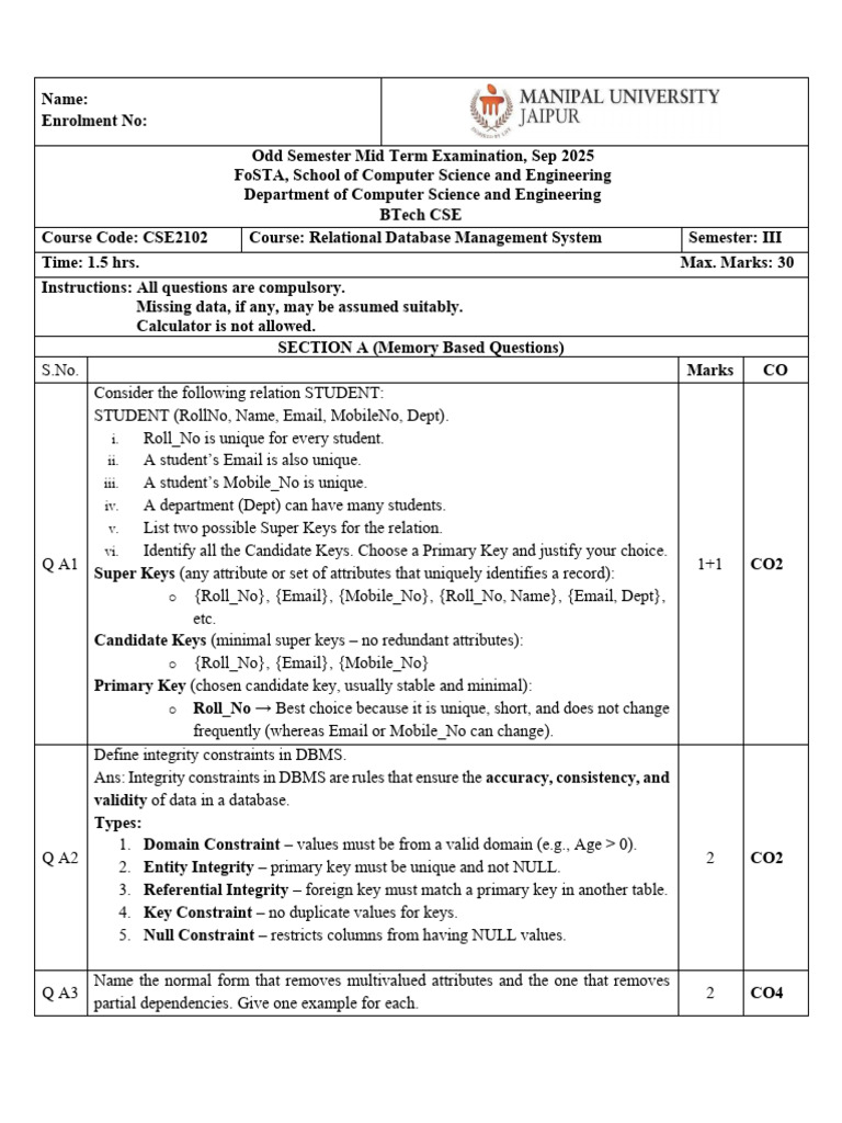 RDBMS MTE Paper - With Solution | PDF | Databases | Relational Database